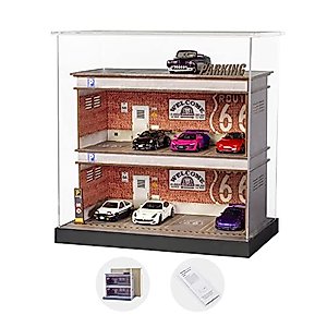 SIKIVOT Double Deck Garage Display Case， 1/64 Scale Parking Lot Model Car， Die-cast Car Garage Display Case，12 Parking Space with LED Light and Acrylic Cover (7642 Red Brick Wall)