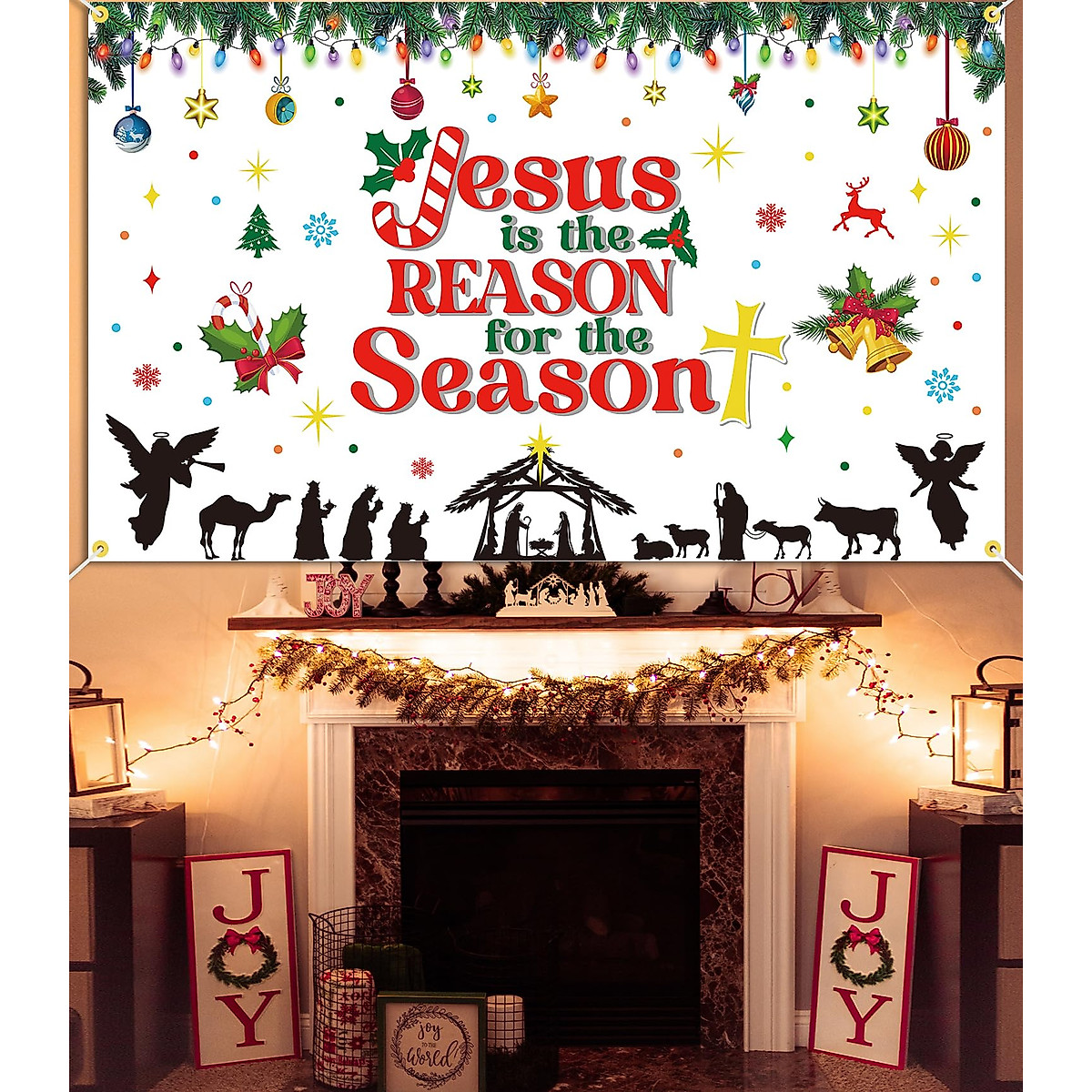 JKQ Jesus is The Reason for The Season Backdrop Banner 73 x 43 Inch Large Christmas Holiday Nativity Scenes Birth of Jesus Background Banner Religious Christmas Holy Nativity Party Decorations
