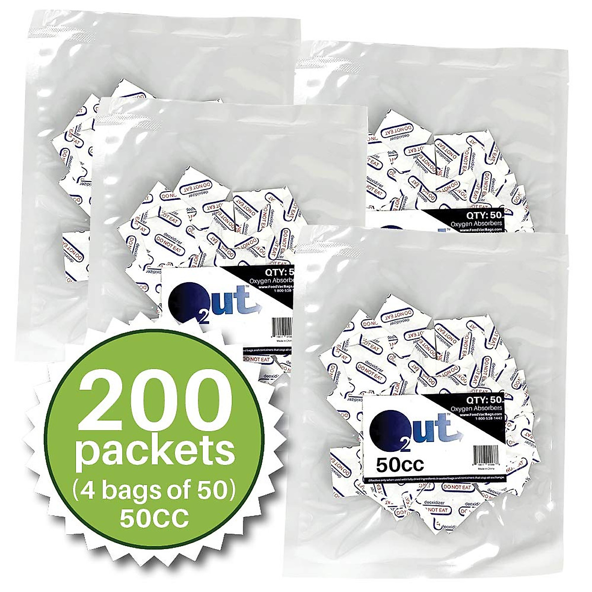 50cc O2 Out Oxygen Absorbers, Scavengers Packets, FoodVacBags Vacuum Sealer Bag or Mylar Bag Long Term Food Storage (200)