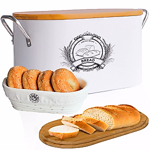 3 in 1 - Premium White Bread Box for Kitchen Counter, Perfect Wedding & Kitchen Decor Gift for Women - 16.1"x 7"x 6.3" Bread Storage Container with Extra Oval Banneton Bread Proofing Basket