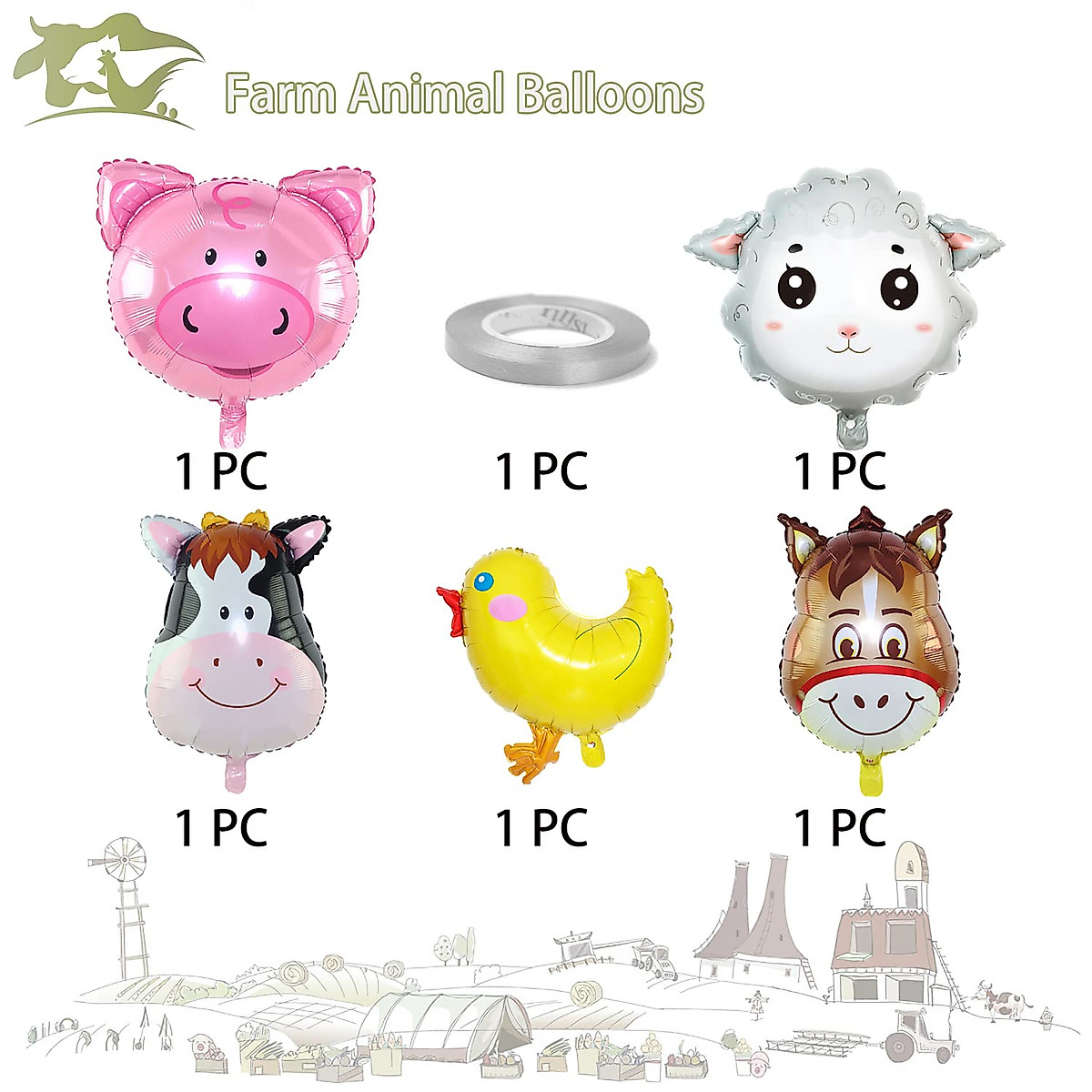 5 PCS Farm Animal Balloons, Farm Birthday Party Decorations Cow Donkey Sheep Pig Chicken Foil Mylar Birthday Balloons for Wedding Baby Shower Farm Party Supplies