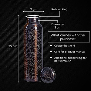 Aanya Pure Copper Water Bottle - 32 Oz Ayurvedic Copper Vessel with Engraved Design & Smooth Finish - Premium Copper Flask with Leak Proof Design & Silicone Ring Cap (Black & Brown Shade)