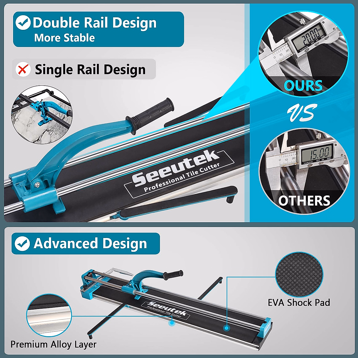 Seeutek 17 Inch Manual Tile Cutter Tools With Tungsten Carbide Scoring Wheel for Porcelain Ceramic Floor Tile Cutter Adjustable Laser Guide with Spare Cut Wheel