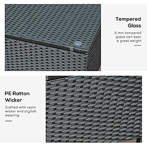 Ousunny Patio Furniture, Wicker Coffee Table, Hand-Woven PE Rattan Side Table with a Tempered Glass Top, 33.5" x 19.75", Black