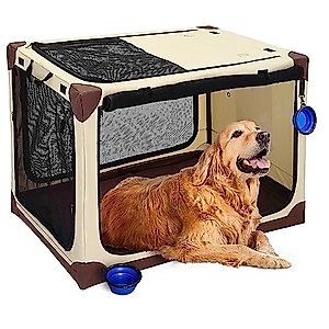 Pecait Soft Collapsible Dog Crate, 42 Inch Portable Travel Dog Crate for Extra Large Dogs 4-Door Durable Breathable Mesh Window Indoors Outdoors Kennel with 2 Foldable Dog Bowls (Beige)