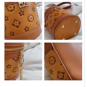 Women Fashion Print Chain Shoulder Bag Cylindrical Bucket Bag Coin Purse