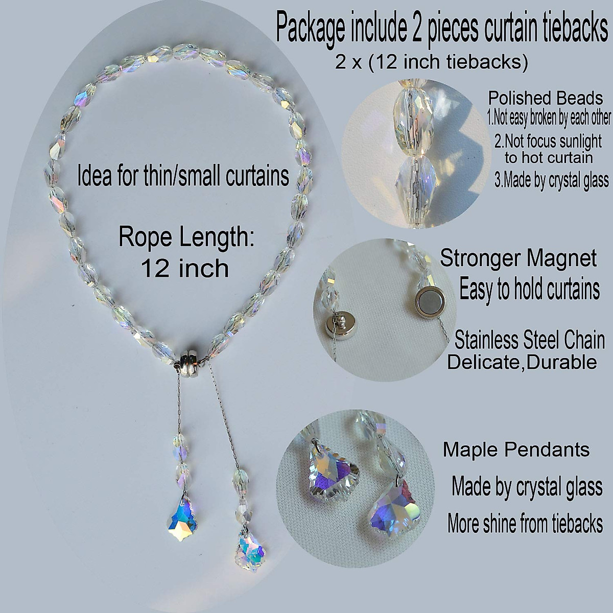 Magnetic Curtain Tiebacks,Crystal Beads Rope Drapery Holdbacks Holder for Small,Thin or Sheer Window Draperies,12 Inch Long,2 Pack (White)
