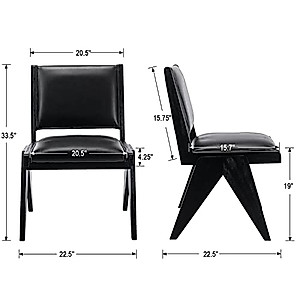 Mid-Century Modern Dining Chairs Set of 2 with PU Leather Upholstered, Country Farmhouse French Wooden Side Chairs, Black