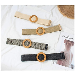 YUCFOREN Women Skinny Dress Belt, Fashion Straw Woven Elastic Stretch Waist Band Wood Buckle Belt