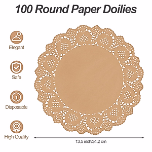 MCEAST 100 Pack Round Brown Kraft Paper Doilies 13.5 Inches Lace Paper Place Mats Rustic Scallop Doily Disposable Paper Table Pads for Food Cakes Crafts Party Weddings Tableware Decor