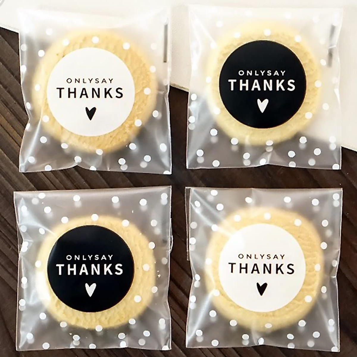 Self Adhesive Cookie Bags Cellophane Treat Bags, White polka dots with Black and White “Thanks” Print for Party Gift Giving Bakery Candy Cookie (100 Pcs, 3.94 x 3.94 Inches)