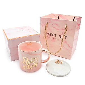 GOFOIT Boss Lady Pink Marble Ceramic Coffee Mug 11.5 Oz with Coasters Birthday Gifts for Women Mom and Girl Female Entrepreneur Business Owner Coffee Mug