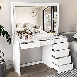 Boahaus Joan Vanity Makeup Desk with 7 Drawers, Wide Hollywood Vanity Mirror, No Lights Add-on Included, White Vanity Painted Makeup Table, Vanity Dresser with Mirror for Bedroom (New Version 04/2023)