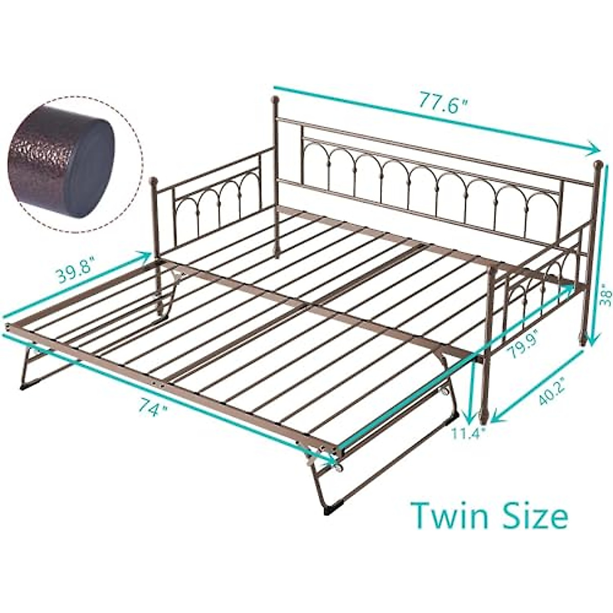kuurfuurdo Twin Daybed with Trundle Bed, Day Bed with Trundle Bed Twin Pop Up, Metal Daybed Frame, Steel Slat Support Twin Trundle Bed Frame for Kids Teens Adults, No Box Spring Needed