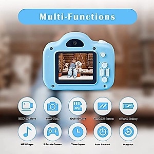 Usbinx 𝐂𝐡𝐢𝐥𝐝𝐫𝐞𝐧 Camera Photo 1080P 𝐊𝐢𝐝𝐬 Video Cartoon Digital Cameras Recorder with 32GB SD Card Anti-Fall 𝐁𝐨𝐲𝐬 & 𝐆𝐢𝐫𝐥𝐬 Photography Toy with MP3 Player (Blue)