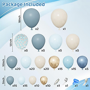 172Pcs Dusty Blue Balloons Arch Garland Kit, Dusty Baby Pastel Blue Chrome Gold Blue Sand White Confetti Balloon for Boy Baby Shower Decorations Bridal Shower Gender Reveal Birthday Party Supplies