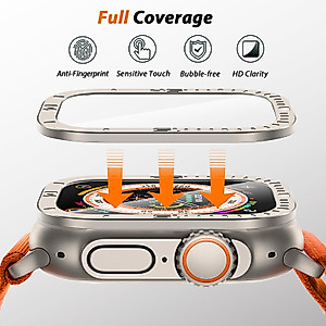 Amizee 2 Pack Metal Case Compatible with Apple Watch Ultra/Ultra 2 Screen Protector Case 49mm with Tempered Glass, Metal Frame Built in HD Glass Protective Cover for iWatch 49mm (B-Numeric Titanium)