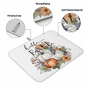 Hello Fall Dish Drying Mat for Kitchen Counter, Thanksgiving Grey Orange Pumpkins Baby Bottle Microfiber Drying Pad, Autumn Sunflower Botanical Absorbent Coffee Cup Dishes Drainer Mats 18"x24", 1 Pcs