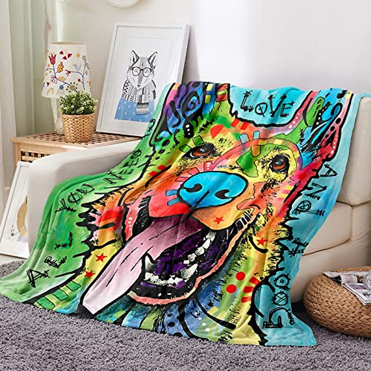 Tupmnbry Colorful German Shepherd Throw Blanket Cute Dog Printed Blanket Super Soft Flannel Throw Blanket Lightweight Fluffy Plush Fuzzy Bed Blanket for Cute Pet 60"X80"