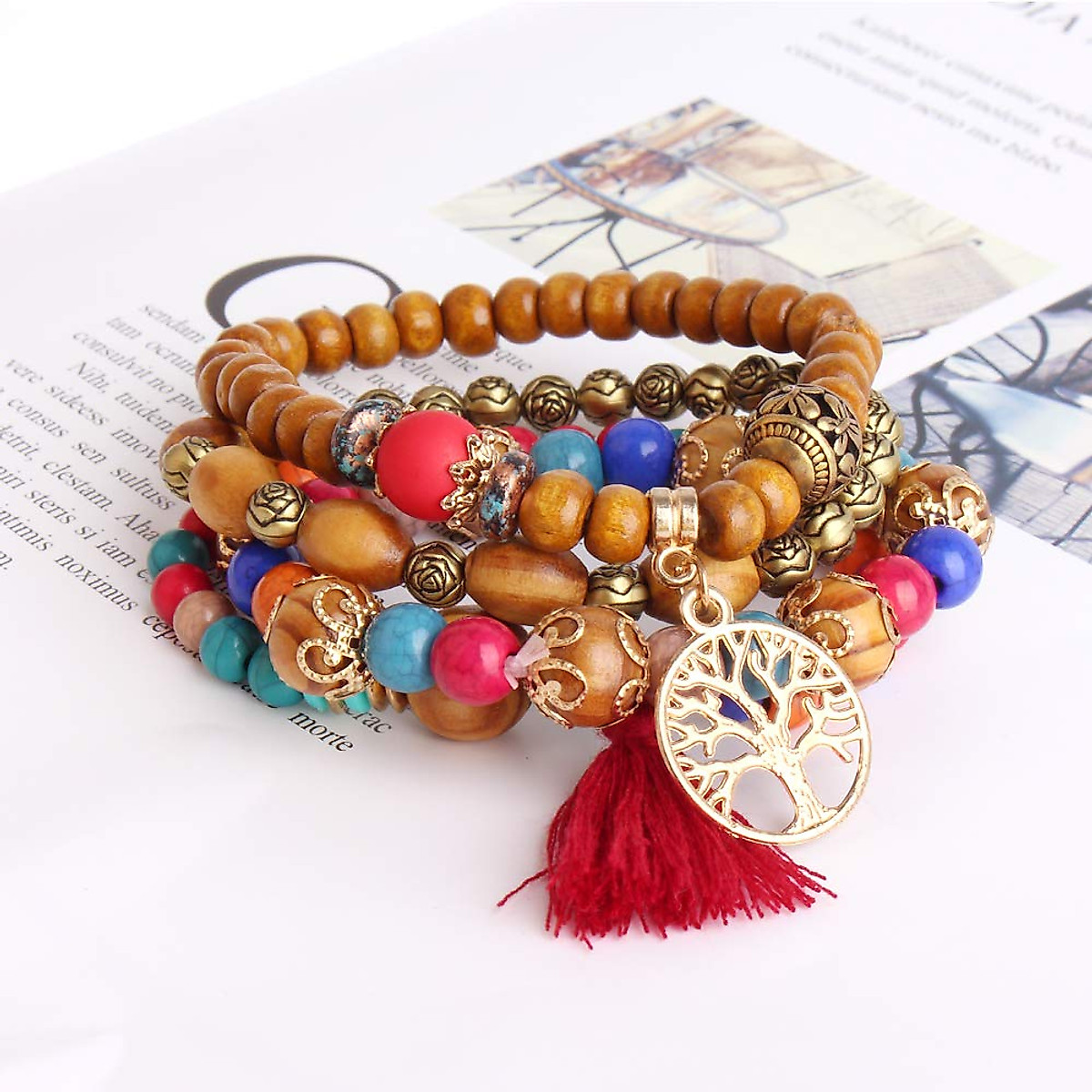 Hicdaw 6 Sets Stackable Bracelets for Women Colorful Bohemian Bracelets Hippie Jewelry Tassel Stretch Bracelet Set Gifts Bracelets for Women Beaded Bracelet