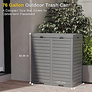 EAST OAK 76 Gallon Outdoor Trash Can | Waterproof Resin Garbage Can with Tiered Lid & Drip Tray | Outside Trash Bin for Patio | Kitchen, Backyard & Deck | Gray Color