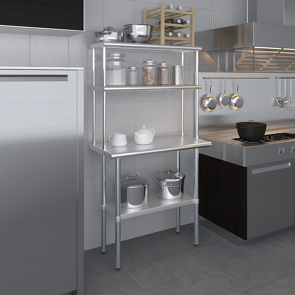 18" x 36" Stainless Steel Work Table with 12" Wide Double Tier Overshelf | Metal Kitchen Prep Table & Shelving Combo
