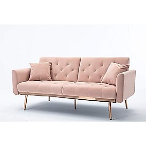 Voohek Velvet Futon Sofa, Tufted Loveseat Couch, Convertible Sleeper Bed, Accent Recliner with Golden Metal Legs & 2 Pillows for Home Living Room Bedroom, Pink