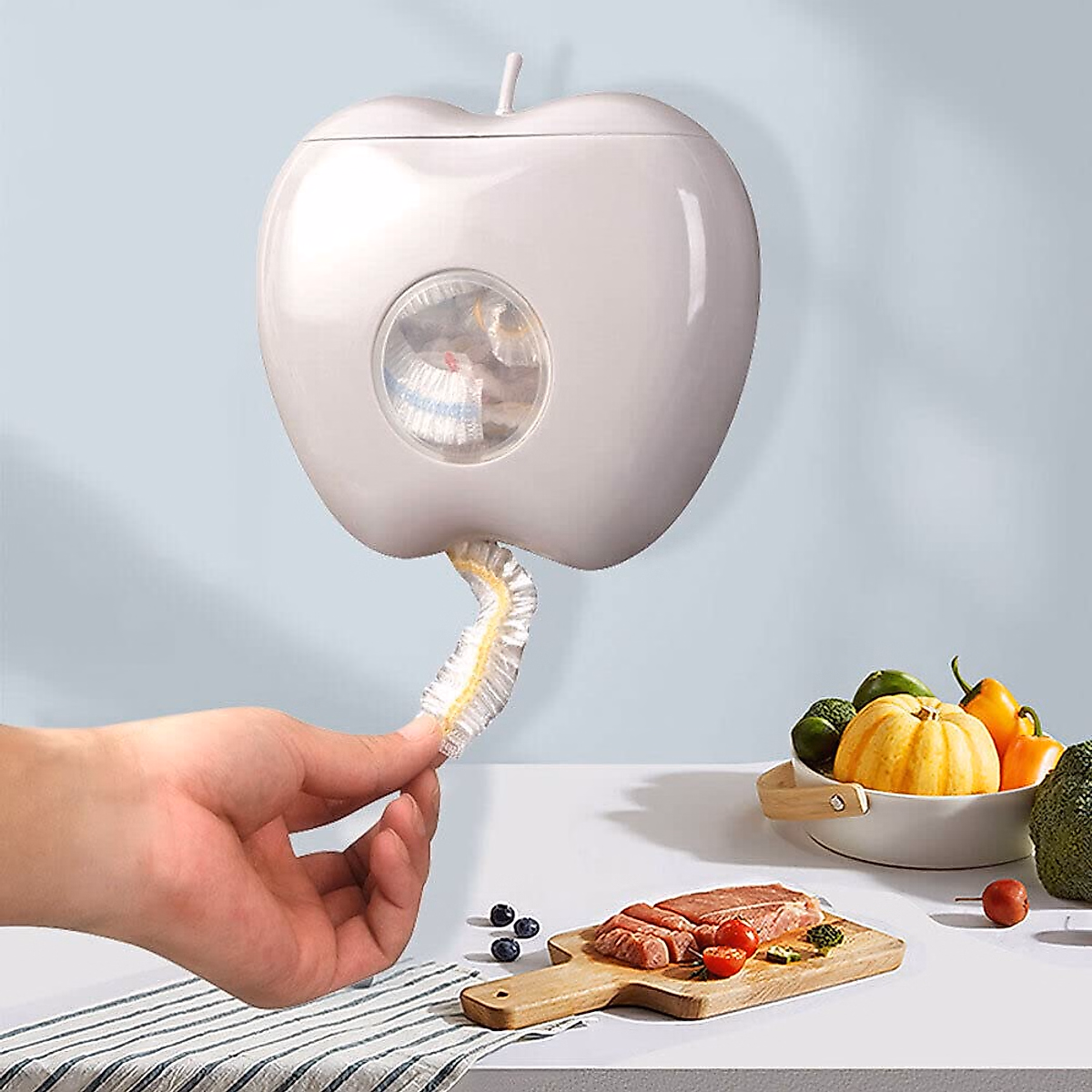 Plastic Wrap Storage Box, Fresh Keeping Bag Storage Box with 100 Pcs Cling Films, Punch-Free Wall-Mounted Large Capacity for Apple Shape Kitchen Bathroom Shower Cap Organizer Dispenser (Grey+100Pcs)