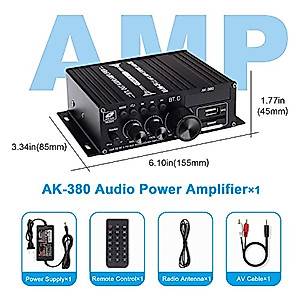 AK-380 Bluetooth Amplifier with Remote Control Function, 2.0 Bluetooth Amplifier Supports Bluetooth/USB/AUX/RCA Input and FM Radio Function (with 12V/5A DC Power Supply)