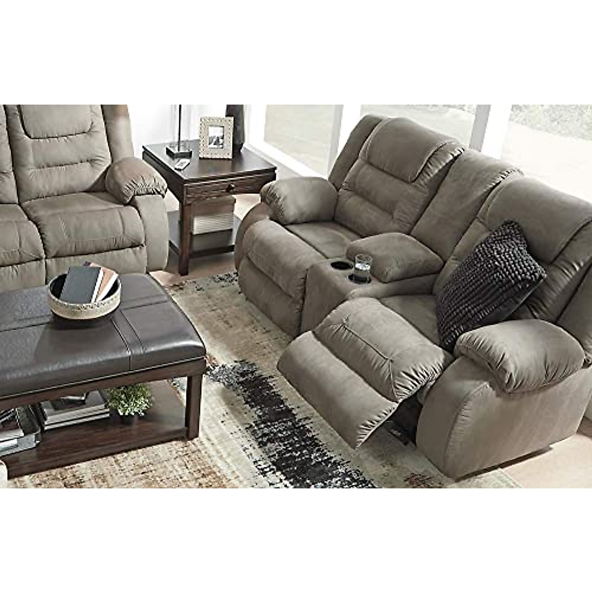 Signature Design by Ashley McCade Contemporary Manual Pull Tab Reclining Loveseat with Center Console, Gray