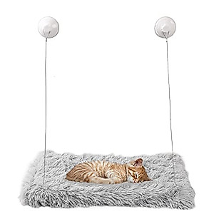 HlinZoom Cat Window Perch, Safety Hammock Window Seat with Strong Suction Cups, Pet Resting Seat with Fluffy Blanket, Providing All Around 360°Sunbath for Indoor (Light Grey)