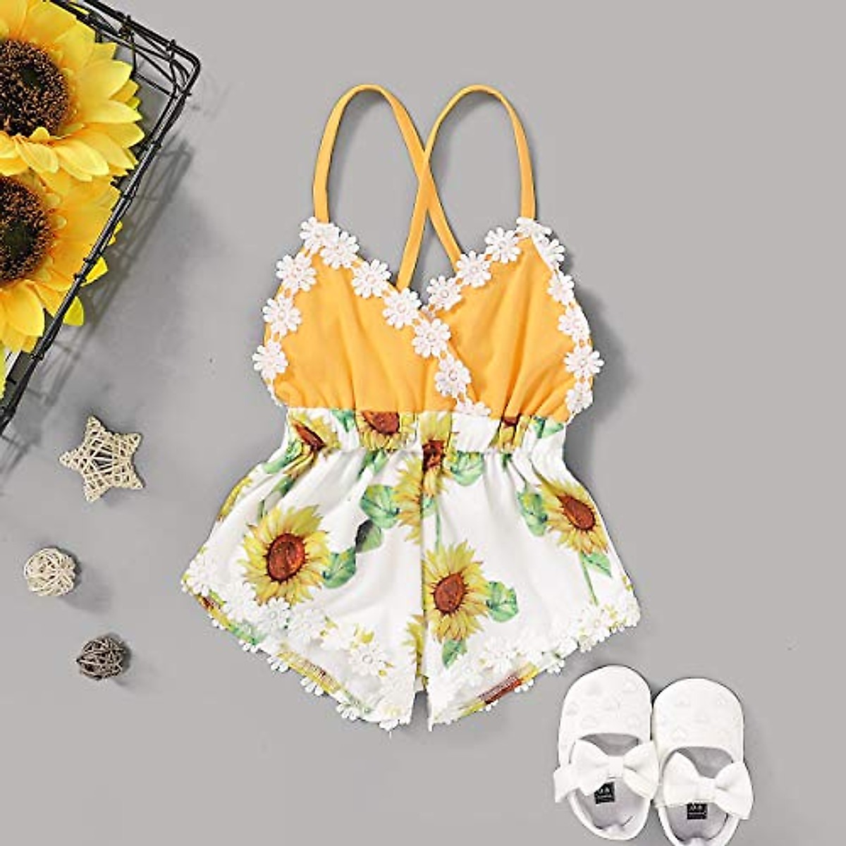 Happy Town Summer Toddler Baby Girl Clothes Cute Fruit/Flower Print Lace Trim Backless Romper Shorts Jumpsuit (Yellow, 18-24 Months)