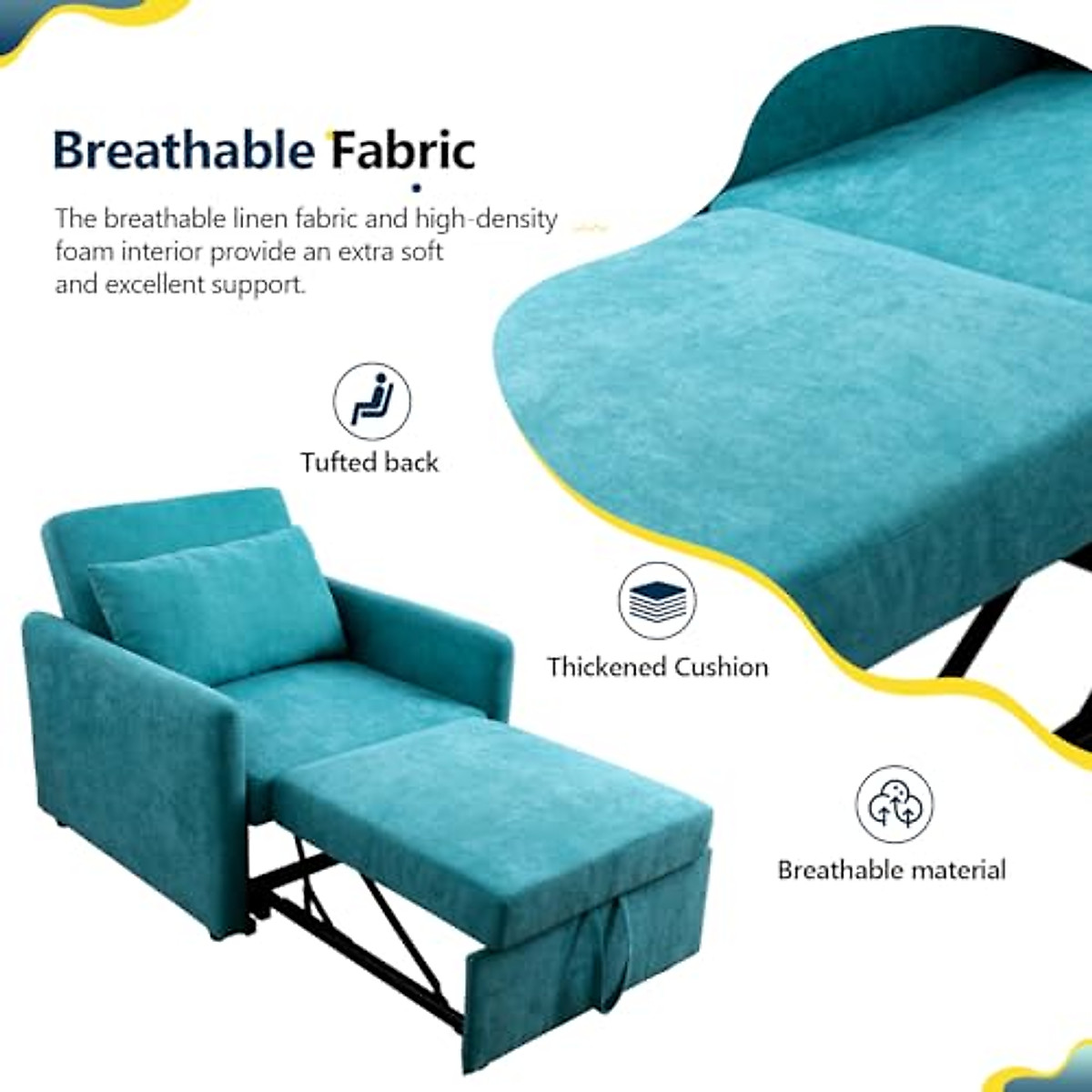 Mlxgoie Convertible Sofa Bed Chair, 3-in-1 Multi-Functional Sleeper Single Futon Chair Bed with Modern Linen Fabric & Tufted Pillow for Compact Living Room, Apartment, Dorm - Blue