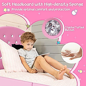 HONEY JOY Kids Twin Bed Frame with Headboard, Toddler Upholstered Platform Bed with Slatted Bed Base, No Box Spring Needed, Princess Wooden Single Bed for Baby Girls, Twin Size in Pink