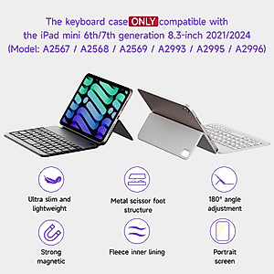 HOU Keyboard Case for iPad Mini 7th (A17 Pro, 2024) & 6th (2021) 8.3-inch, Ultra Slim Folio Type of Keyboard, Power Display, Magnetic Protective Cover Support iPad Mini 6/7