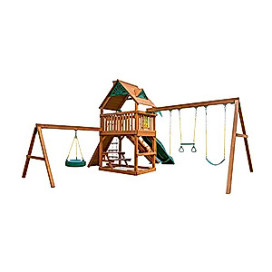 Gorilla Playsets 01-0004-AP Frontier Wood Swing Set with Wood Roof, Tire Swing, Two Belt Swings, Picnic Table, Sandbox, Rock Climbing Wall, Amber