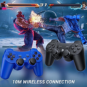 OKHAHA Controller 2 Pack for PS3 Wireless Controller for Sony Playstation 3, Double Shock 3, Bluetooth, Rechargeable, Motion Sensor, Remote for PS3 (No Stripes(Black + Blue))