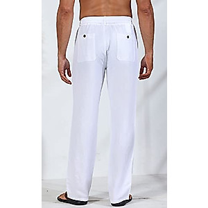 Soojun Men's Linen Beach Pants Lightweight Summer Pants with Drawstring, White, Medium/32 Inseam