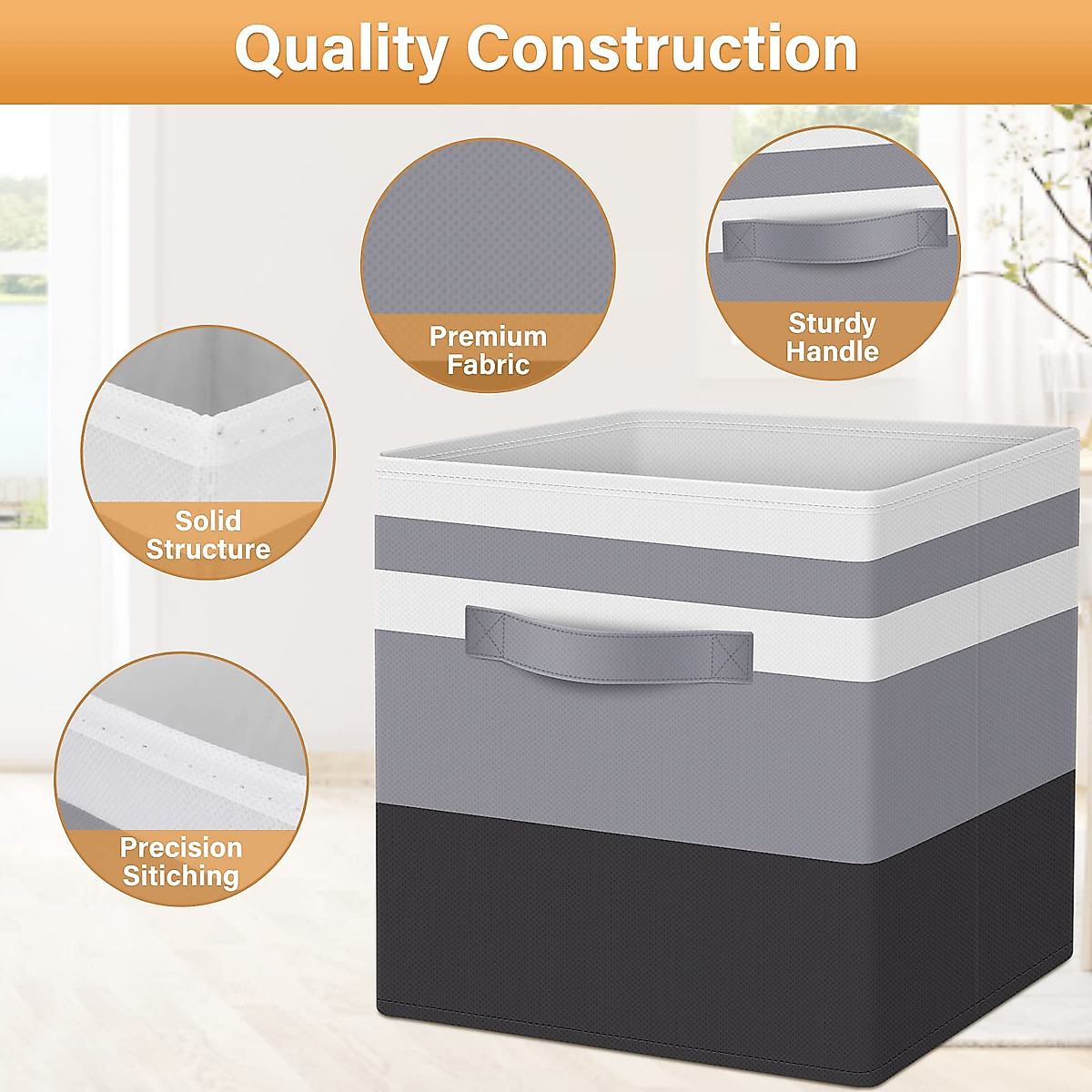 StoreHappily Storage Bins, 11 Inch Foldable Fabric Boxes with Handles and Cardboard for Closet, Utility Room, Bedroom Living Room, Pack of 4