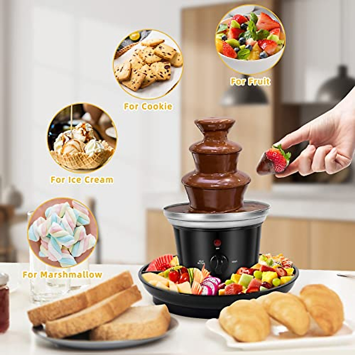 Micnaron 3 Tiers Chocolate Fountain Chocolate Fondue FountainElectric Melting Chocolate Machine Mini Hot Chocolate Fondue Pot Stainless Steel Heated Basin Chocolate Fountain With Fruit & Nut Plate For Nacho Cheese, BBQ Sauce, Ranch, Liqueurs（Black）