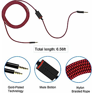 MQDITH 2.0M Replacement Audio Cable Compatible with Astro A40 A40TR Gaming Headset, Inline Mute Wire and No Volume Control Cord (Nylone Cord, Red/Black)