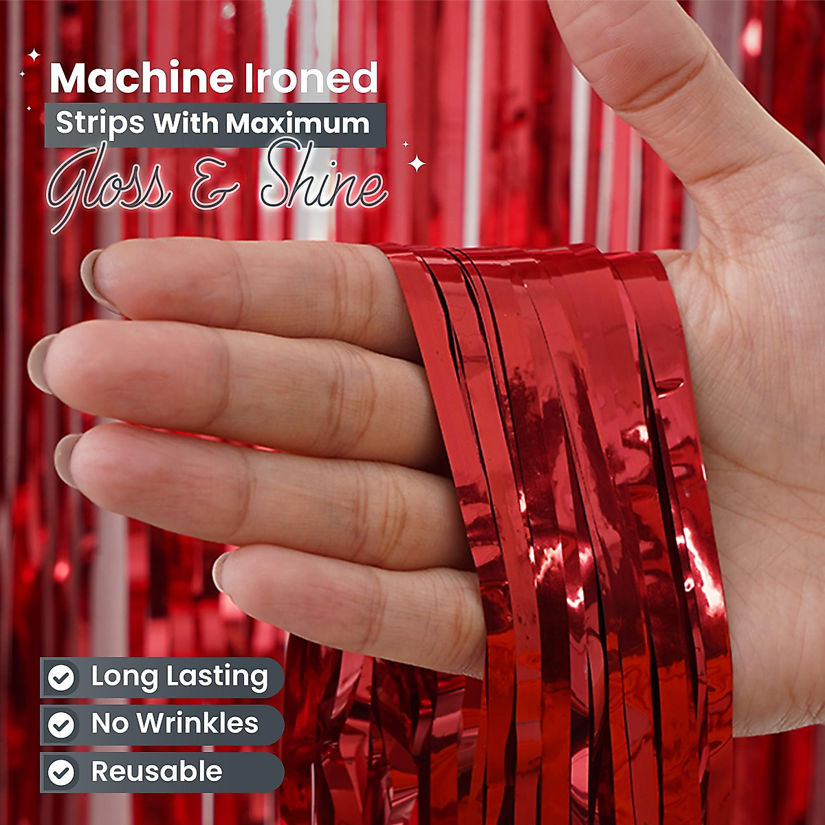 RFAQK 2Pack 3.30x8.20 Feet Red Foil Fringe Curtains -Red Fringe Backdrop, Tinsel Streamers Party Decorations for Birthday, Red Backdrop for Baby Shower, Gender Reveal, Disco Party and Graduation Decor