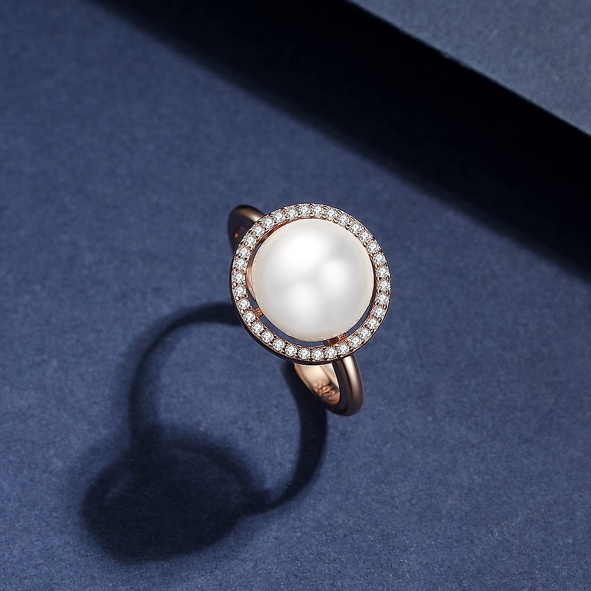 Qings Rose Gold Pearl Adjustable Ring - Sterling Silver June Birthstone Open Rings | Cubic Zirconia White Freshwater Cultured Pearl Stackable Rings for Teen Girls Women Wedding Party Jewelry Size 5-9