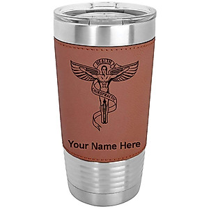 LaserGram 20oz Vacuum Insulated Tumbler Mug, Chiropractic Symbol, Personalized Engraving Included (Faux Leather, Dark Brown)