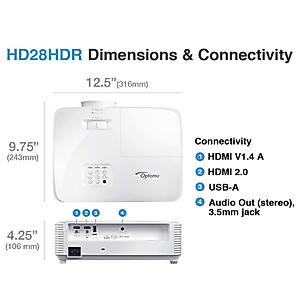 Optoma HD27HDR 1080p 4K HDR Ready Home Theater Projector for Gaming and Movies, 120Hz Support and HDMI 2.0, White