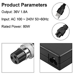 36V 1.8A Female 3-Pin XLR Lead Acid Battery Charger with 3-Prong Inline Power Supply Cord for 36V Boreem Jia, Minimoto, Rad2Go, Electric Scooter, ATV, Go Kart, with 3-Prong Inline Female Connector