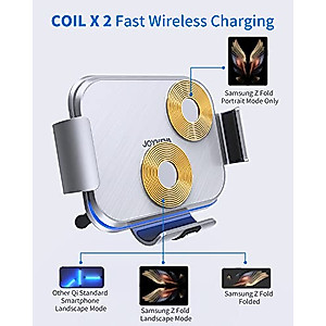JOYVEVA Dual Coil Wireless Car Charger for Galaxy Z Fold 4/3, Fast Charging Phone Holder for Galaxy Z Fold 2, Landscape Mobile Phone Mount for Galaxy Z Fold (Steel Gray)