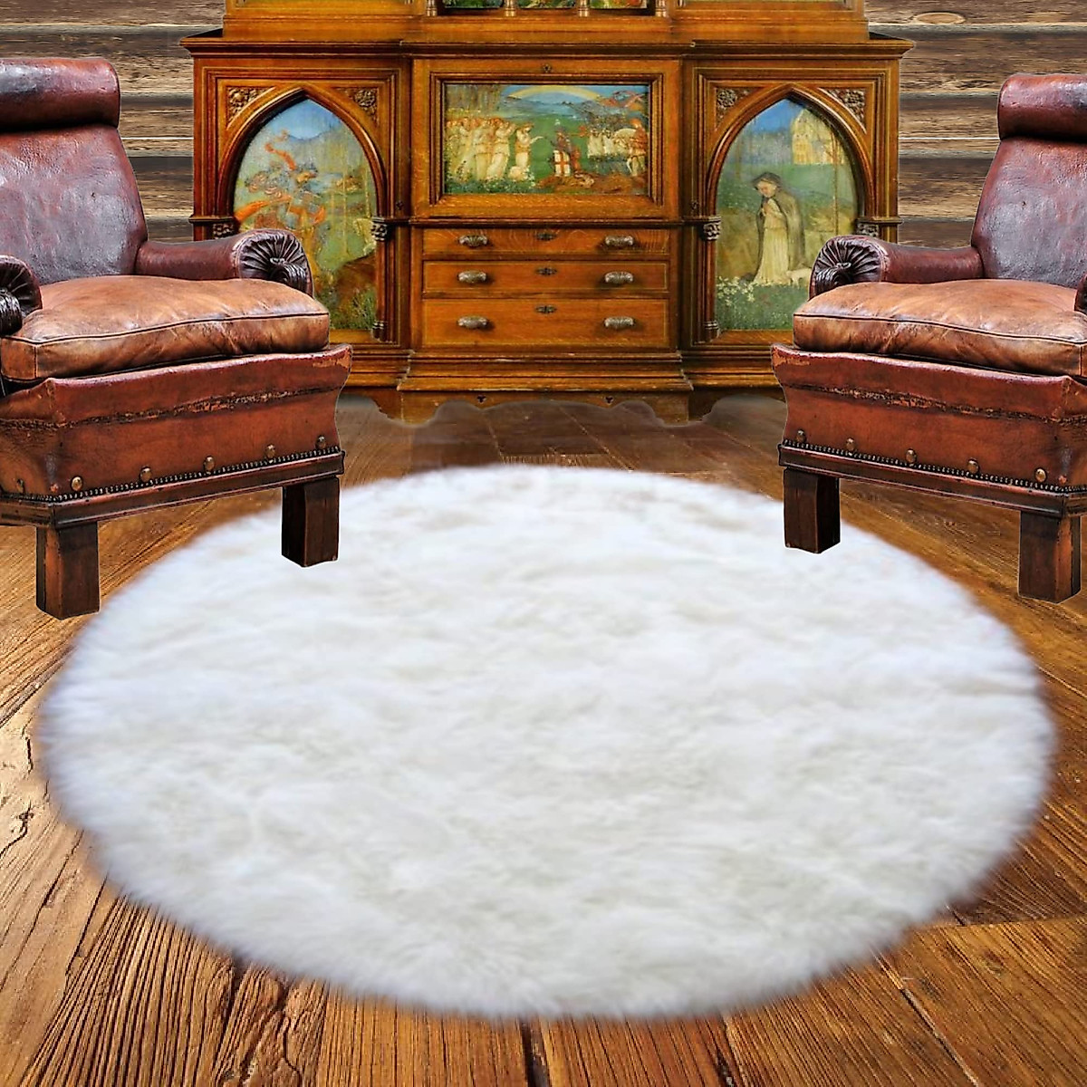 Fur Accents Plush Shag Round, Area Rug, Hide, Accent Rug, Luxury Soft Faux Fur Carpet, Hand Made USA, (3' Diameter, White)