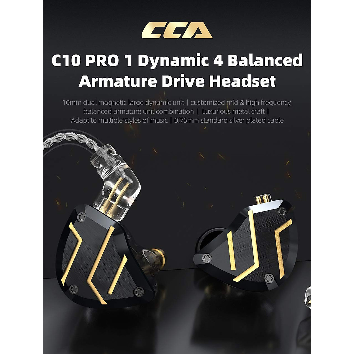CCA C10 Pro in-Ear Monitor,HiFi 1DD 4BA Hybrid Five Drivers in-Ear Earphone,Aluminum Alloy Shell+Resin Cavity Wired Earbuds with 0.75mm CPin Gold Plated Detachable Cable (No Mic, C10pro Black)