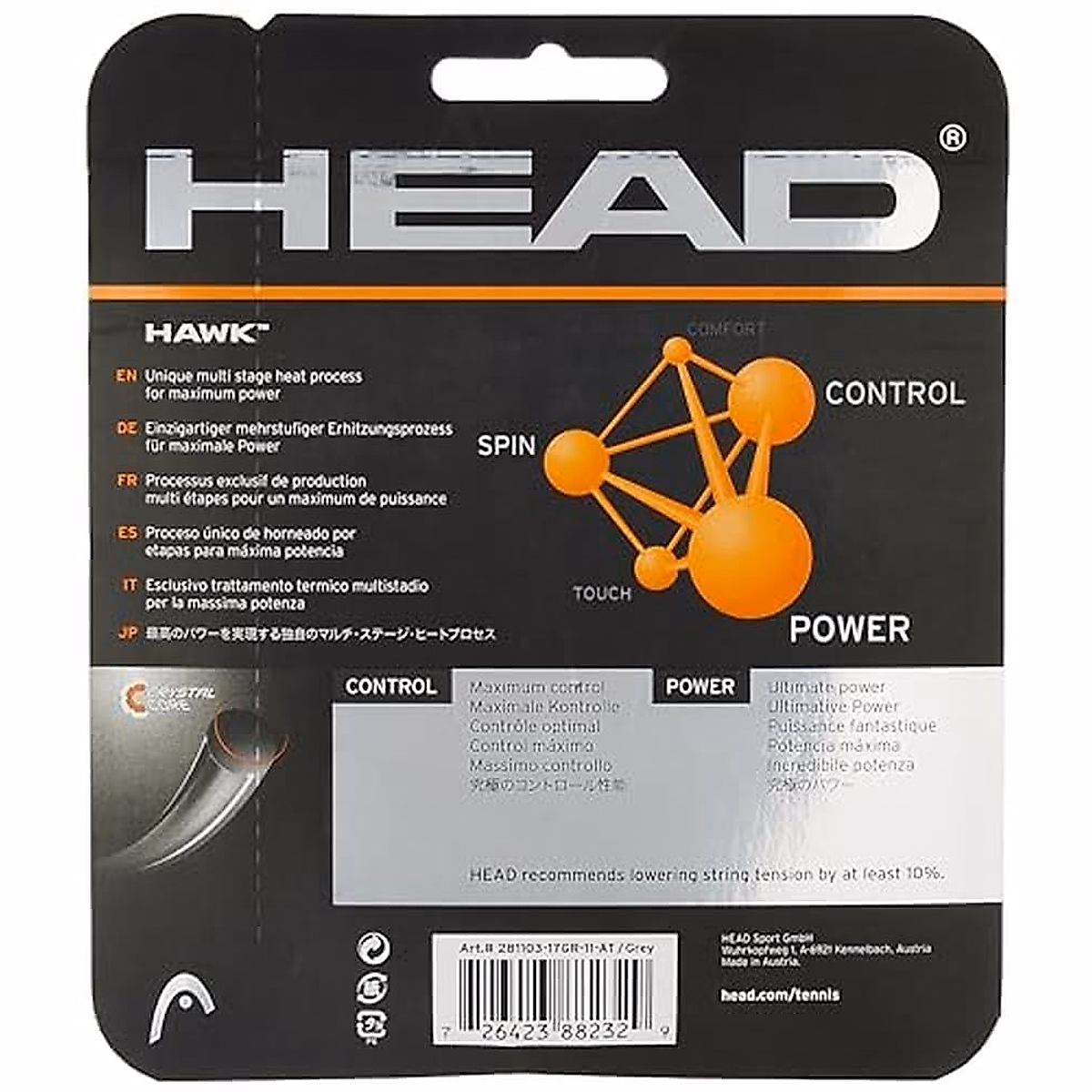 HEAD Hawk Tennis Racket String 40' Set - 16 Gauge Monofilament Racquet String, Grey